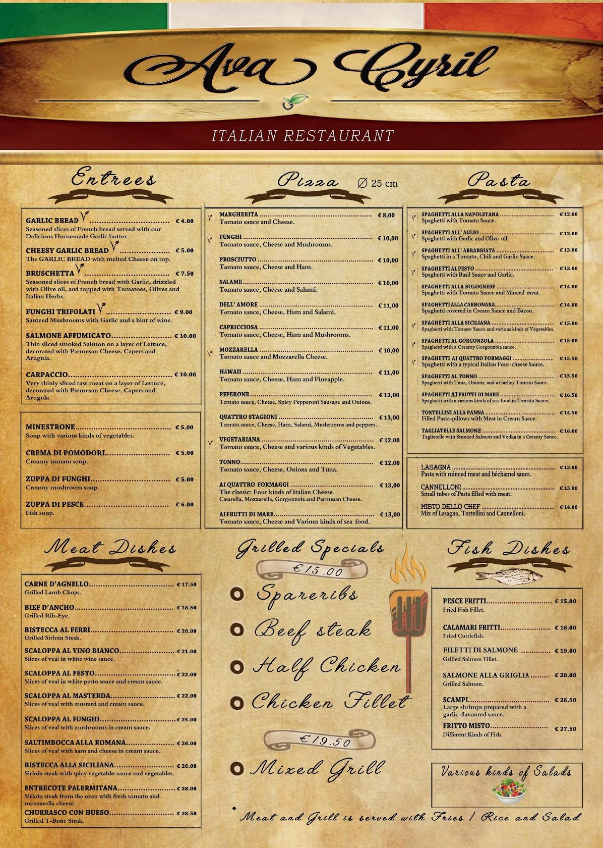 Menu at Restaurant Ava Cyril, Amsterdam, Nieuwendijk 46