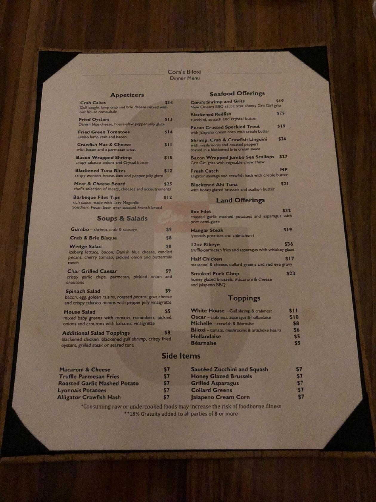 Menu at The White House Hotel pub & bar, Biloxi