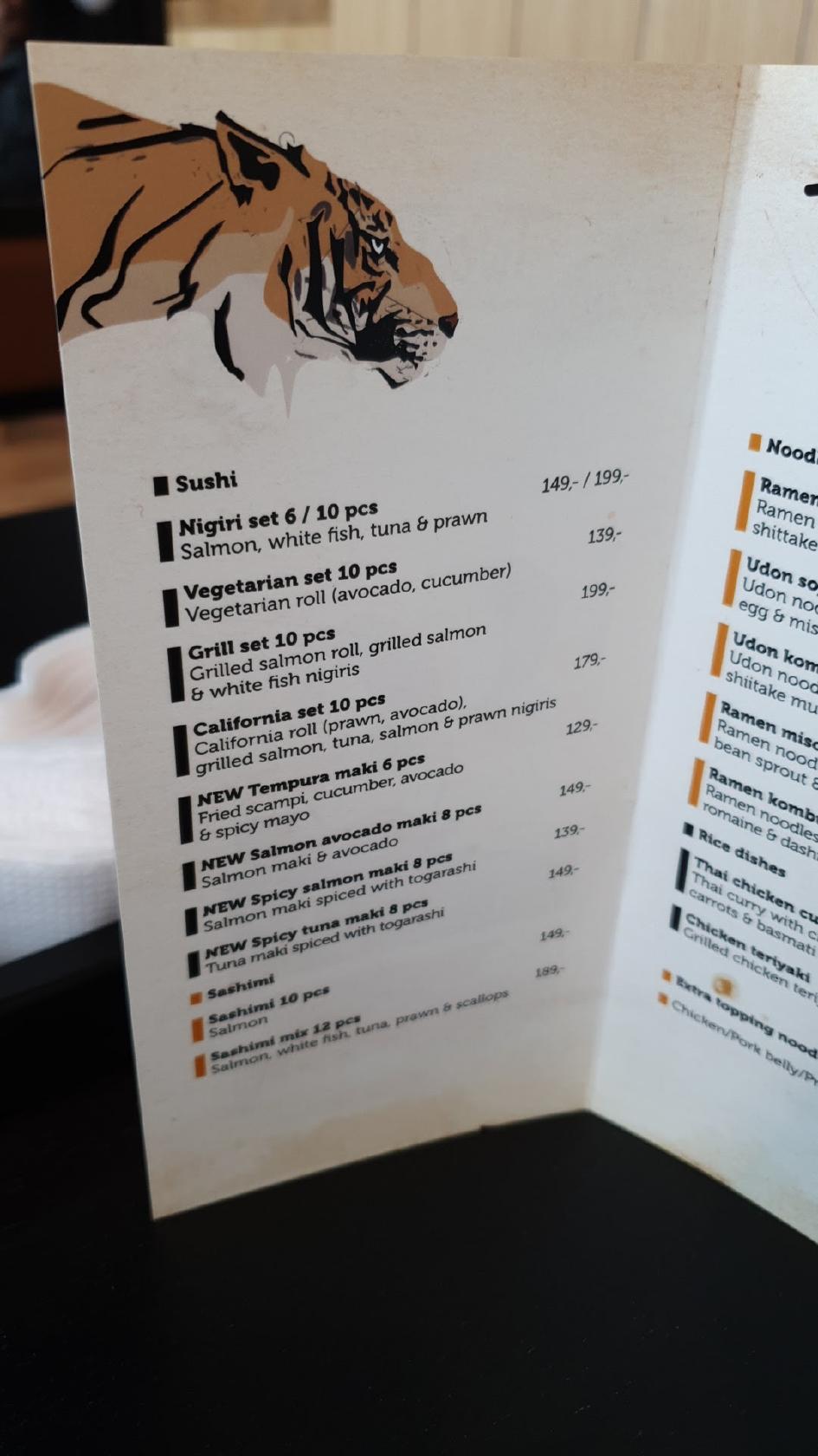 Menu at Two Tigers restaurant, Norway