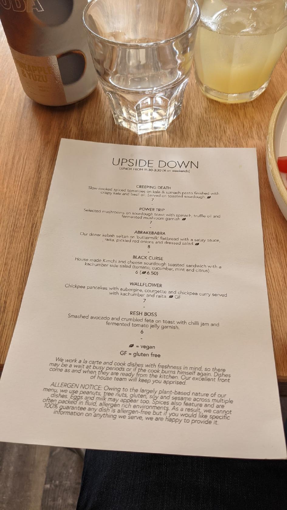 Menu at Upside Down Coffee pub & bar, Blackpool