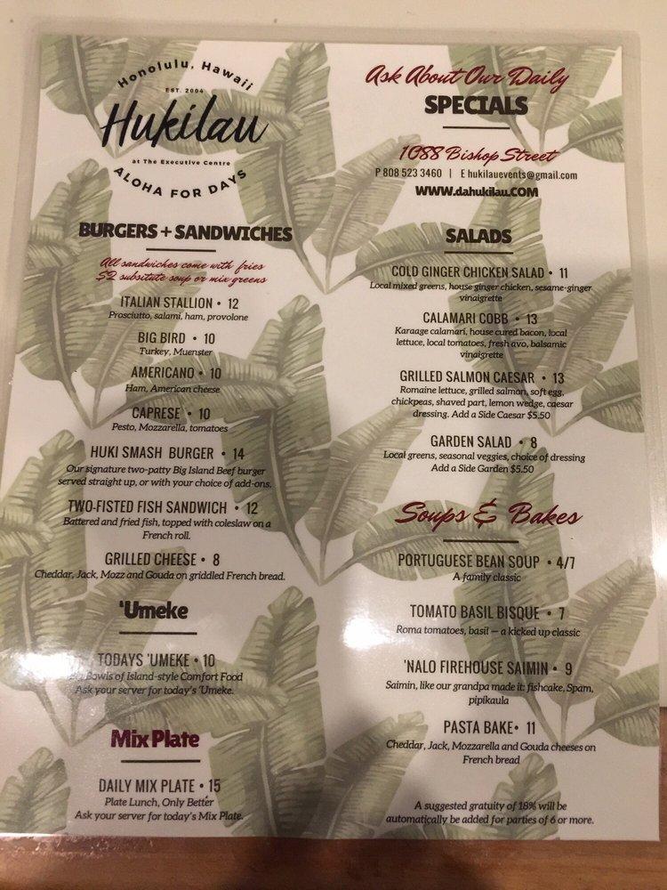 Menu at Hukilau Honolulu pub & bar, Honolulu, Bishop St LL13