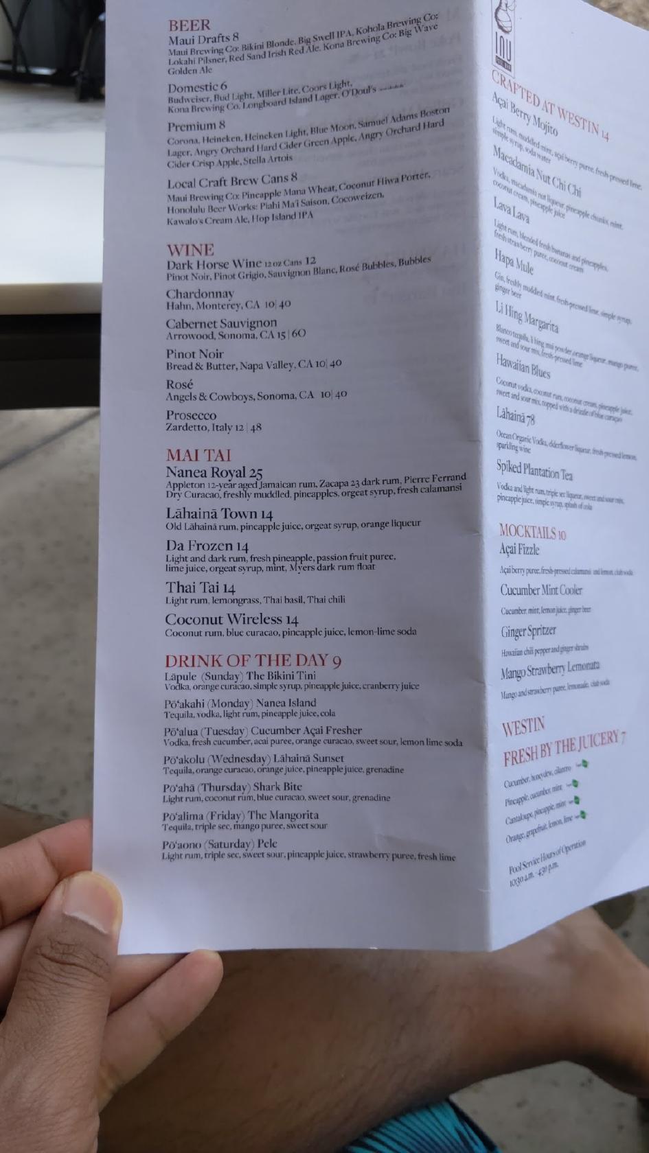 Menu at Inu Pool Bar, Lahaina