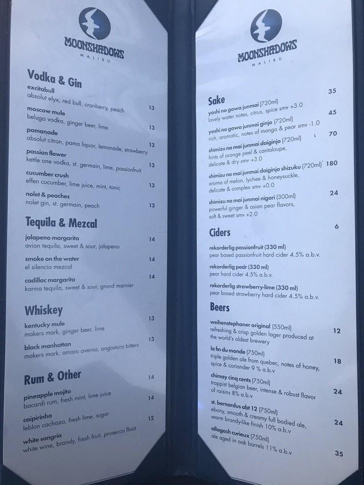 Menu at Moonshadows Malibu pub & bar, Malibu