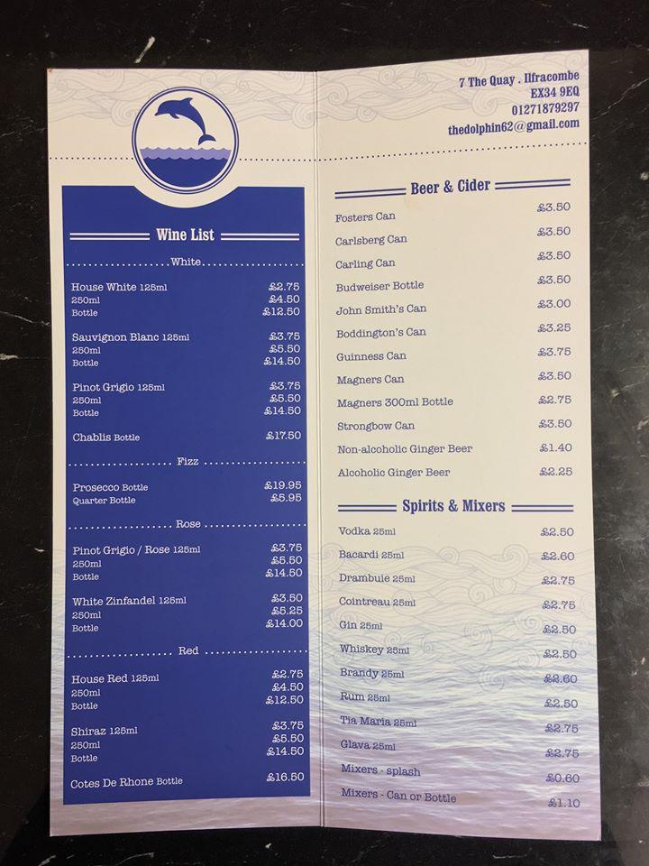 Menu at The Dolphin restaurant, Ilfracombe