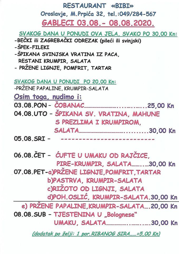 Menu at Restoran Bibi restaurant, Oroslavje