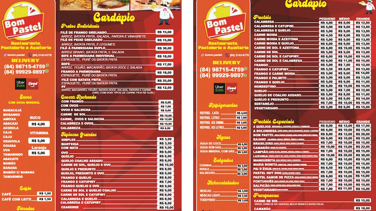 Menu at Bom Pastel restaurant, Mossoró