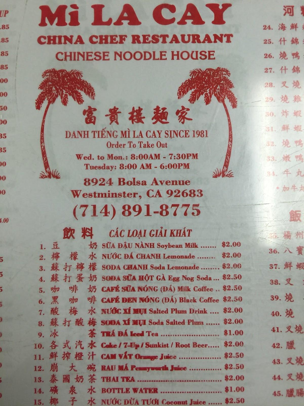 Menu at China Chef Mi La Cay restaurant, Westminster, Bolsa Ave