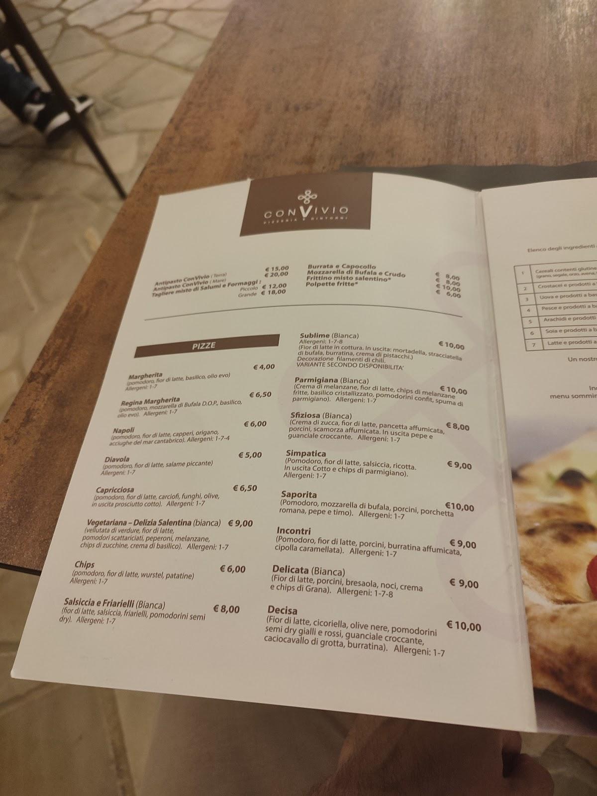 Menu at Convivio restaurant, Lequile