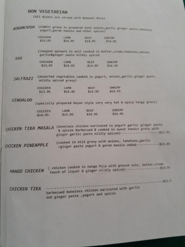 Menu at Currys of India restaurant, Binghamton