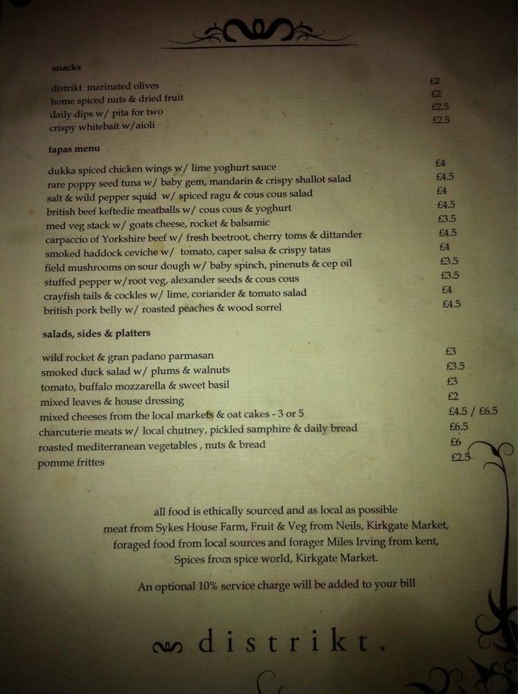 Menu at Distrikt pub & bar, Leeds