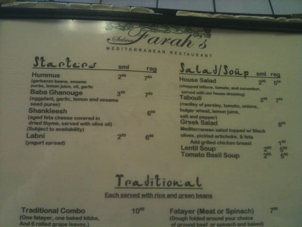 Menu at Farah's Mediterranean restaurant, El Paso