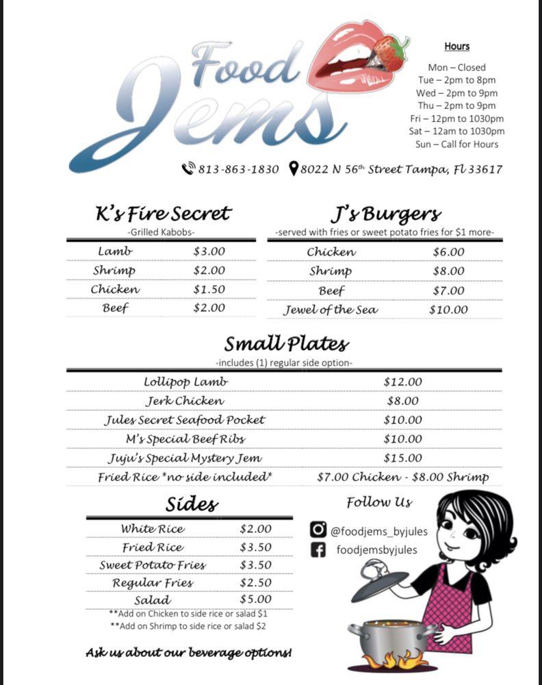 Menu at Food jems, Tampa