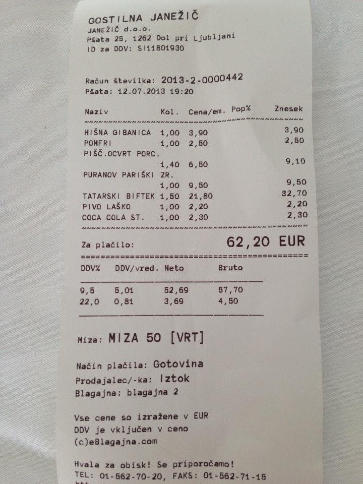Menu at Gostilna Janežič restaurant, Domžale