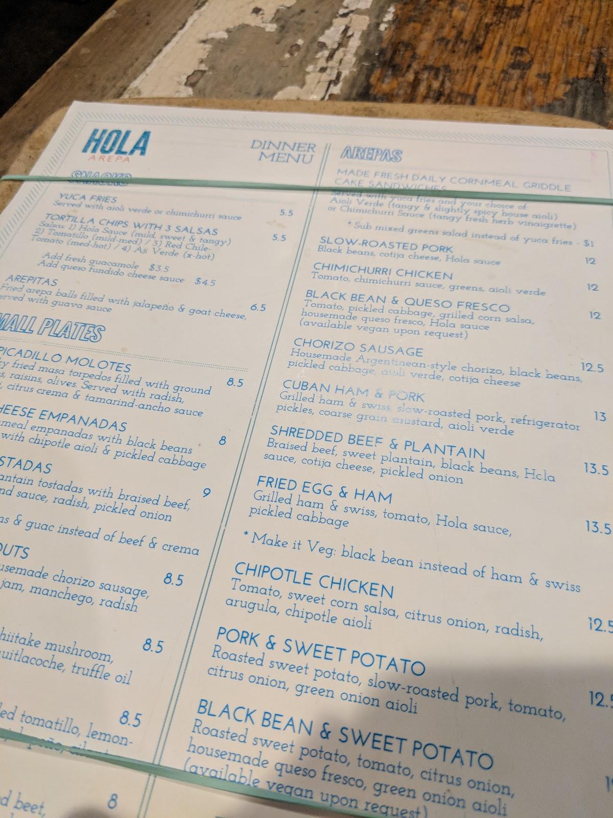 Menu at Hola Arepa restaurant, Minneapolis, Nicollet Ave