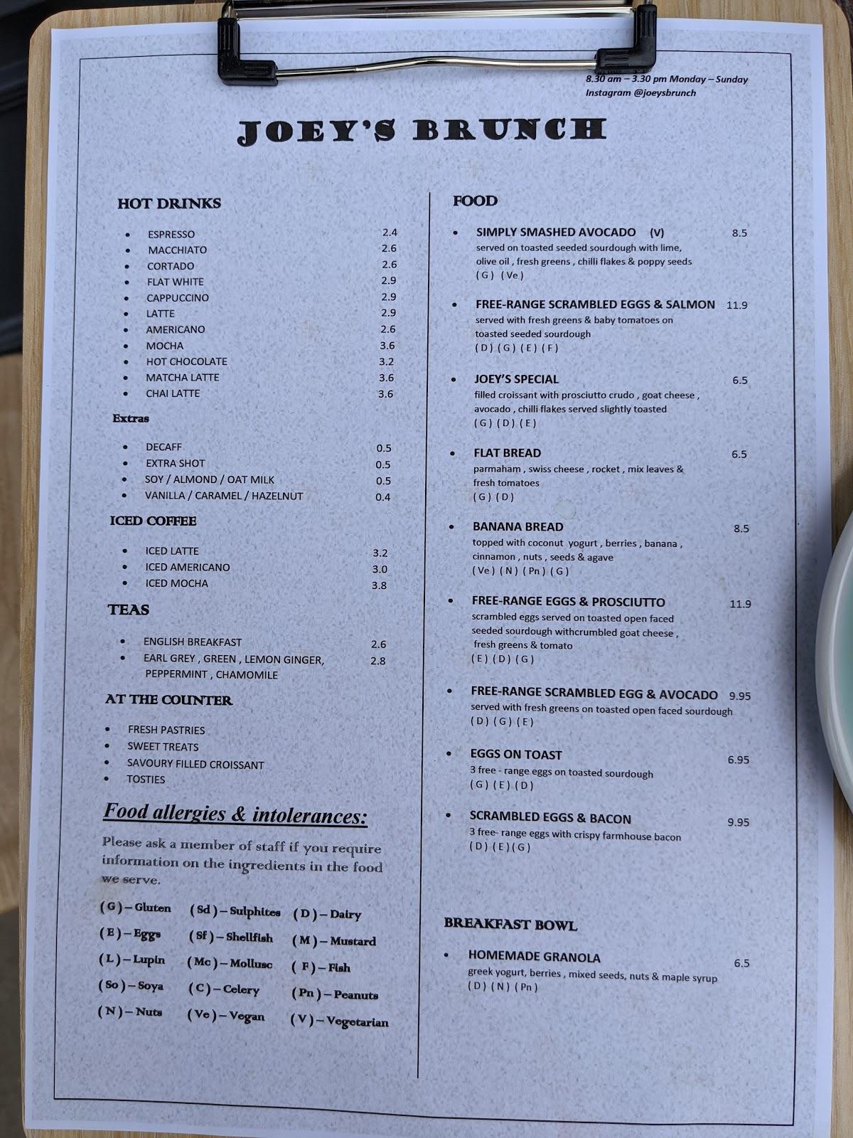 Menu at Joey's Brunch restaurant, Hitchin