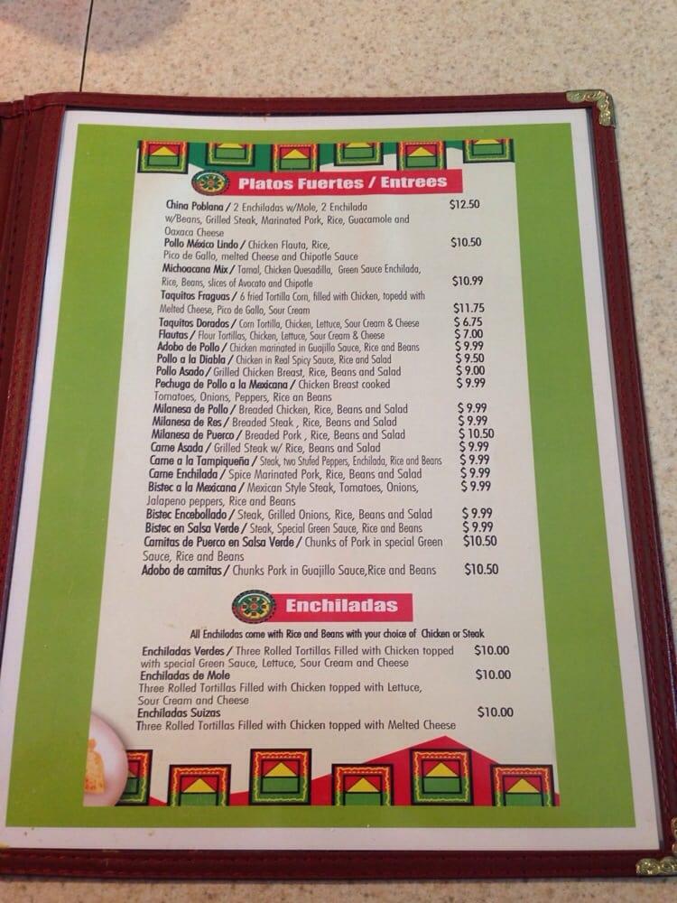 Menu at Mexico Lindo restaurant, Bethlehem