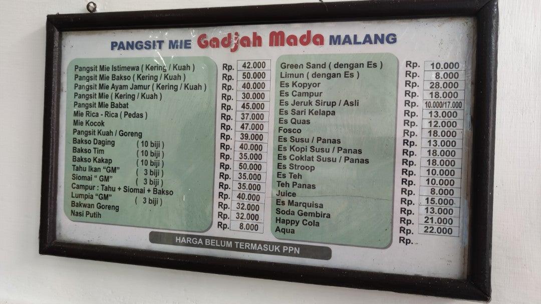 Menu at Mie Pangsit Gajah Mada restaurant, Malang