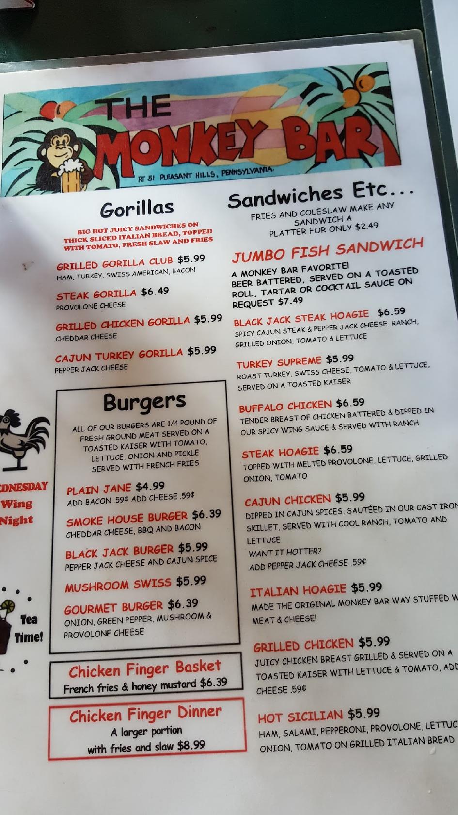 Menu at Monkey Bar, Pittsburgh