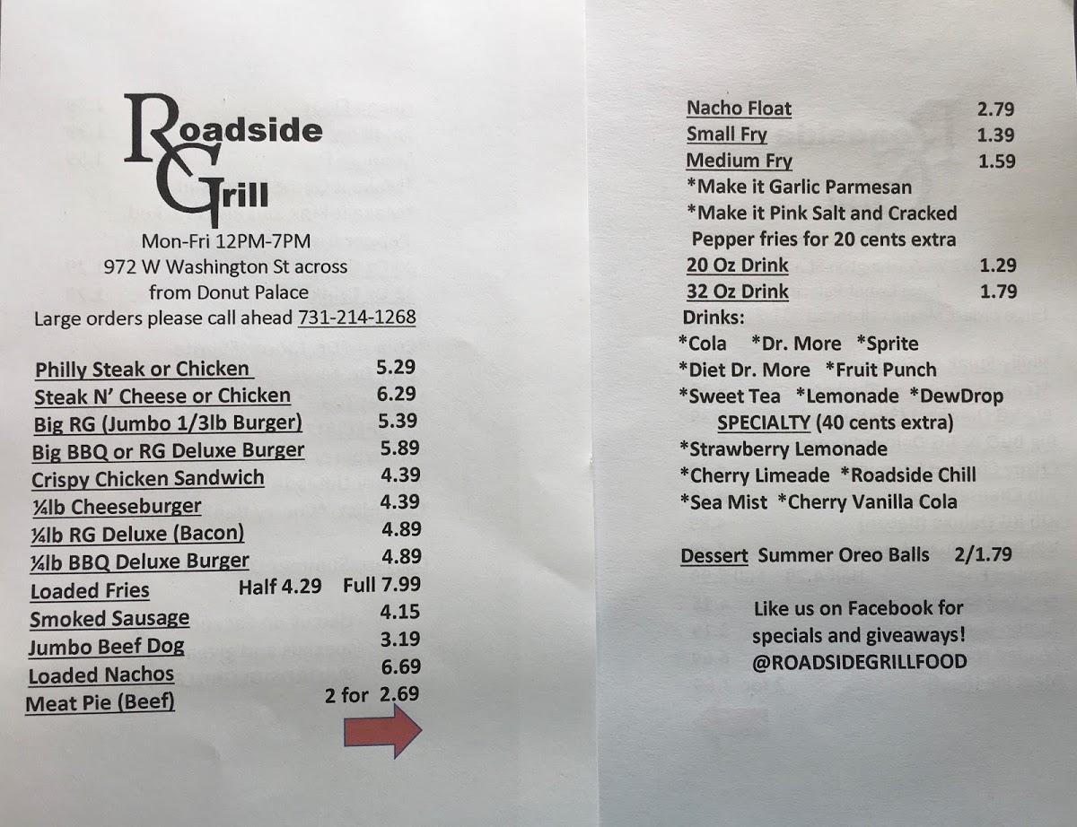 Menu at Roadside Grill restaurant, Camden, 972 W Washington St Suite G