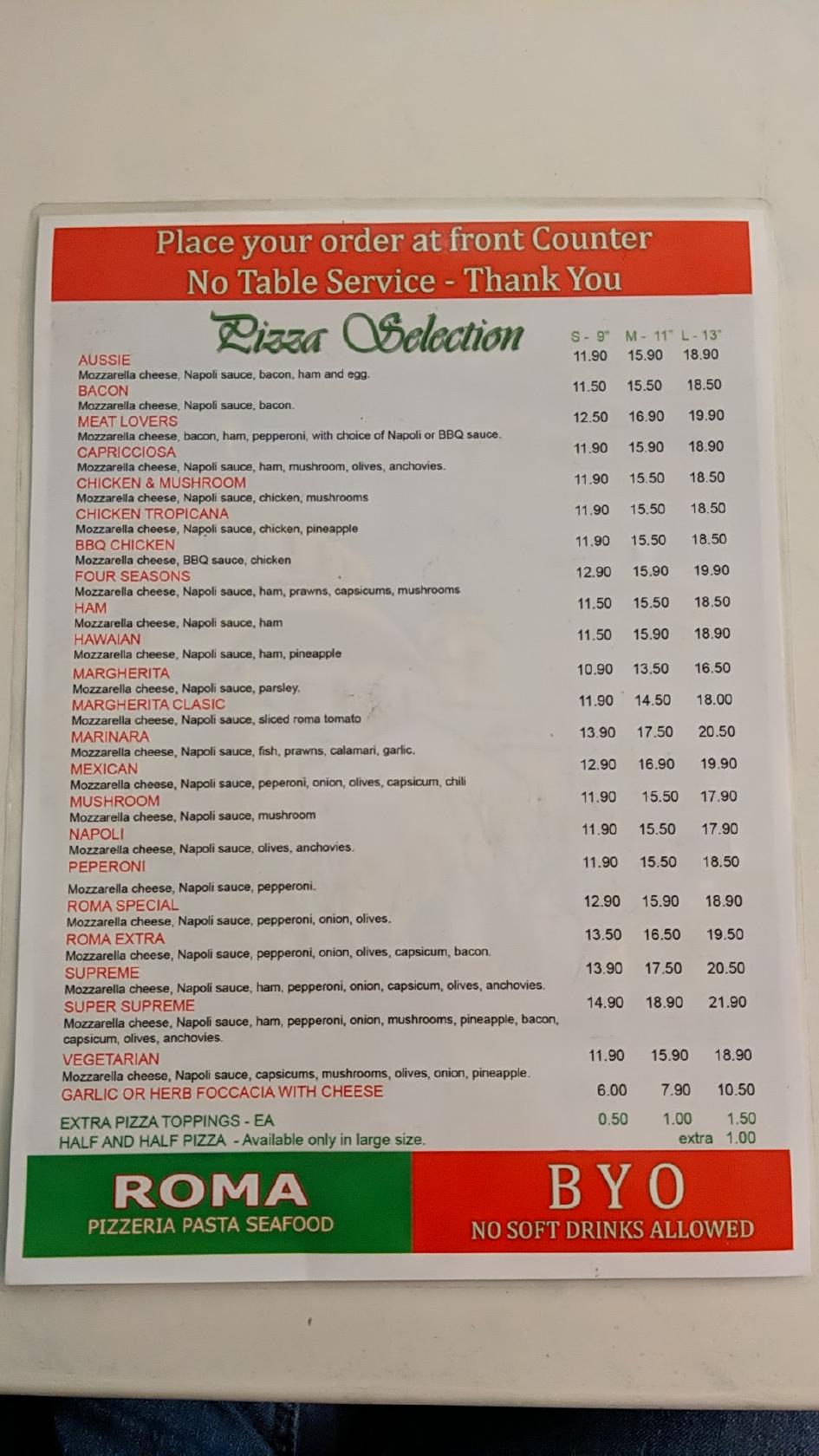 Menu at Roma Pizzeria, Southport