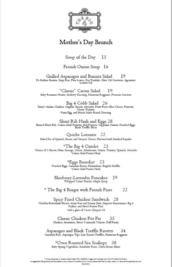 Menu at The Big 4 restaurant, San Francisco