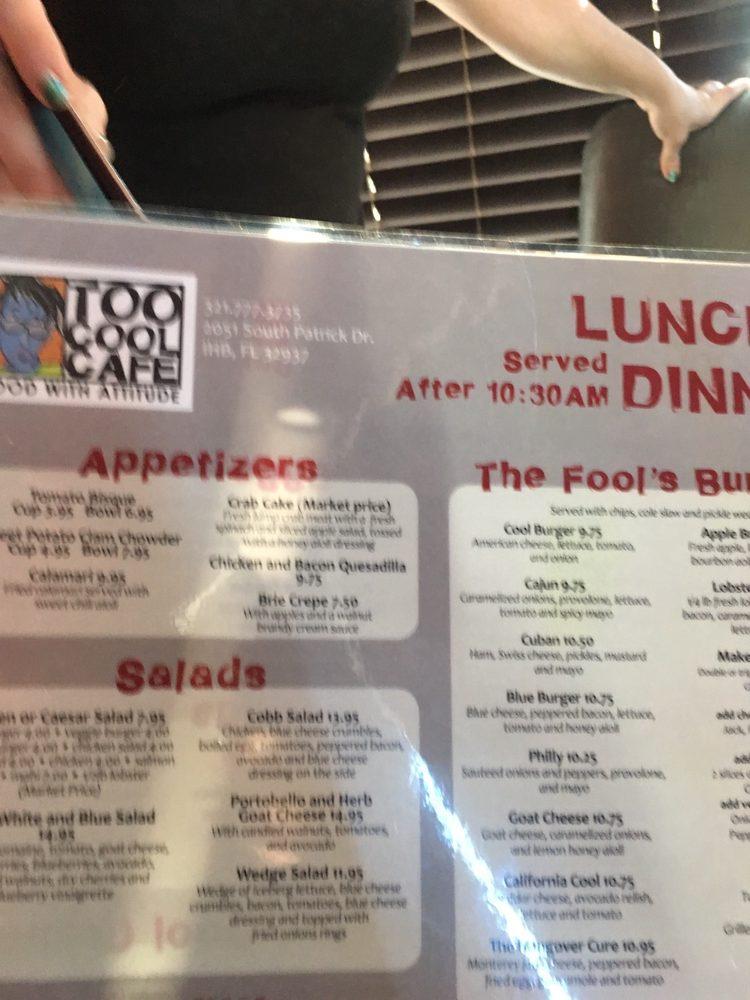 Menu at Too Cool Cafe, Indian Harbour Beach