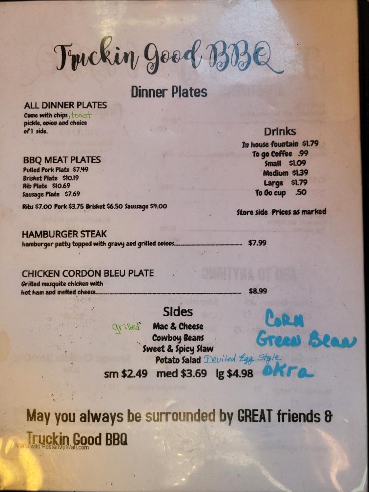 Menu at Truckin Good BBQ, Broken Bow, N US Hwy 259