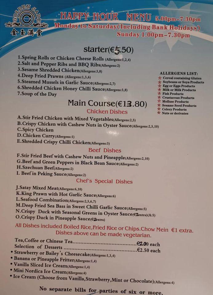 Menu at Golden Jade restaurant, Waterford, Dunmore Rd