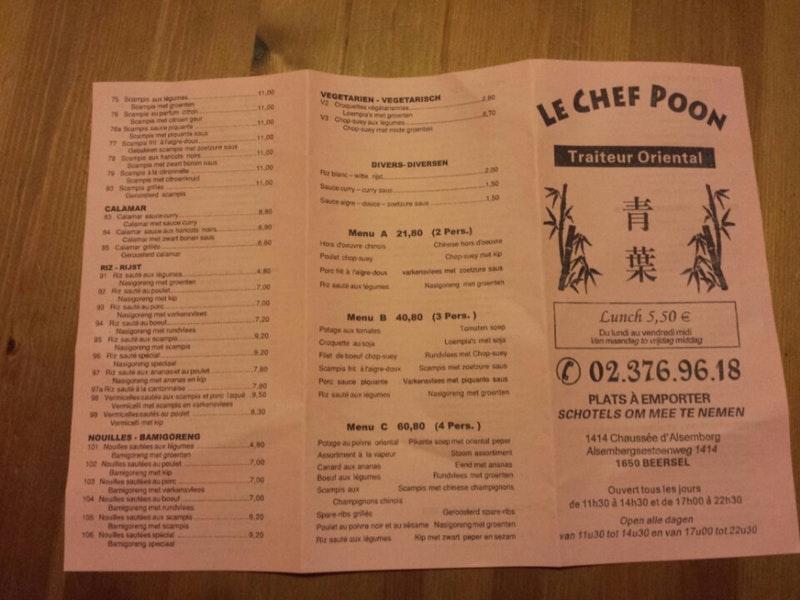 Menu at Le Chef Poon, Beersel, Steenweg op Alsemberg 1414