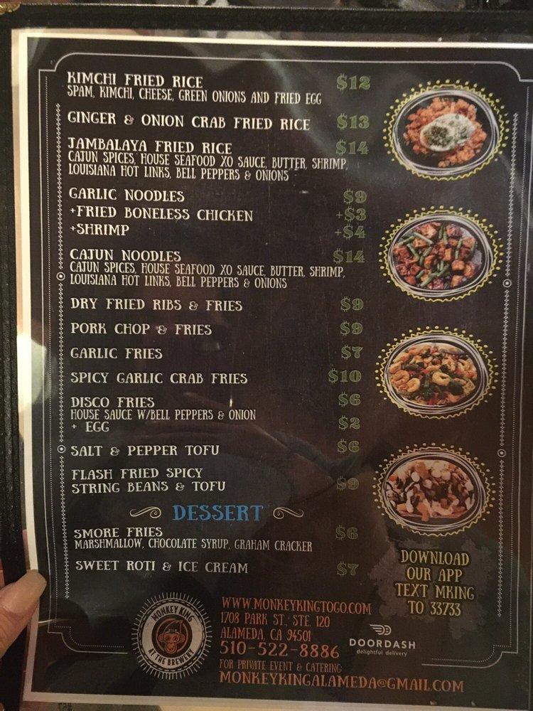 Menu at Monkey King At The Brewery restaurant, Alameda, Park St
