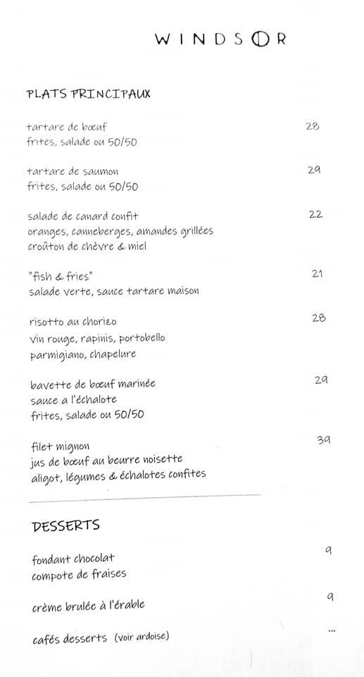 Menu at Restaurant Windsor, Val-d'Or