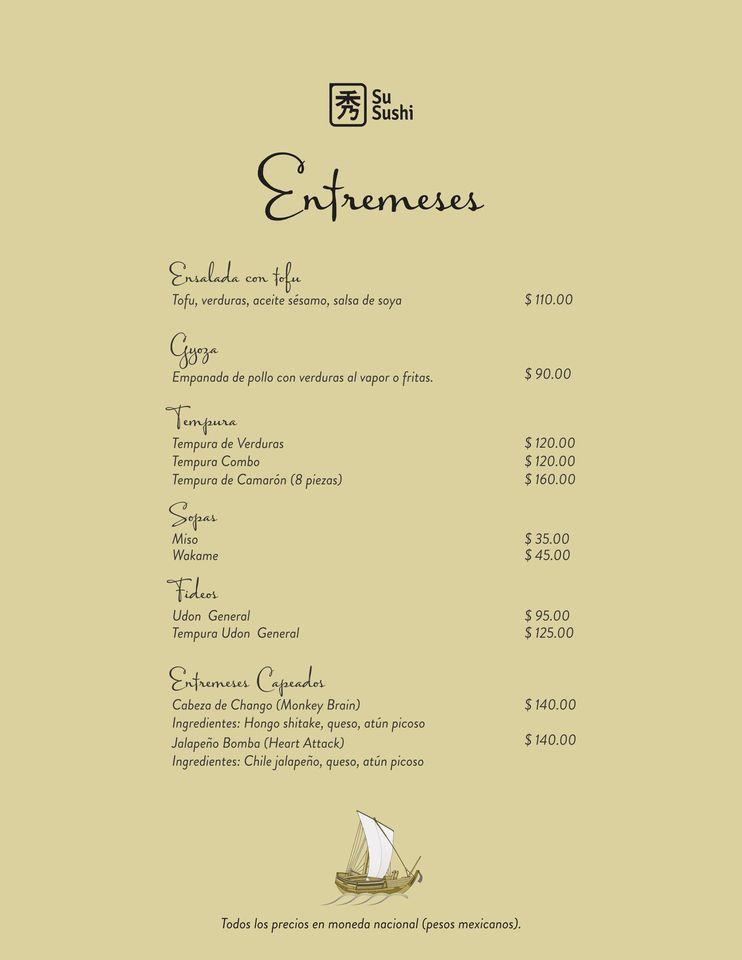 Menu at Su Sushi restaurant, Mexicali, Calzada Cuauhtémoc 1398-Int. 3 B