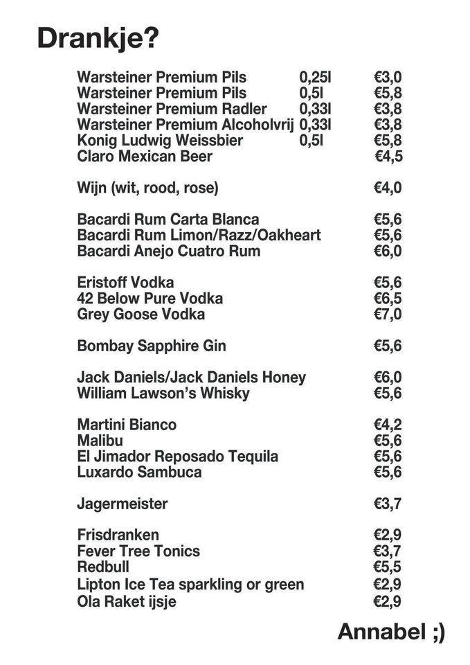 Menu at Annabel, Rotterdam