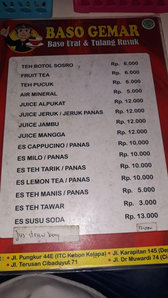 Menu at Gemar Baso restaurant, Cianjur