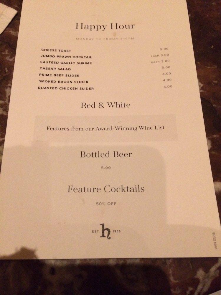 Menu at Hy's Steakhouse & Cocktail Bar, Vancouver