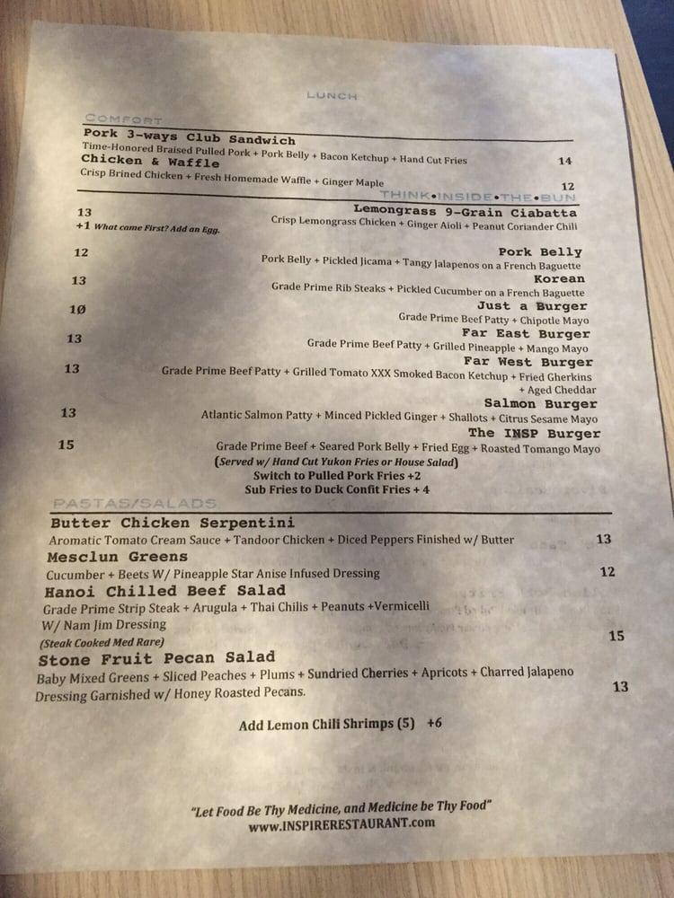 Menu at Inspire Restaurant, Markham, 144 Main Street Markham N #1