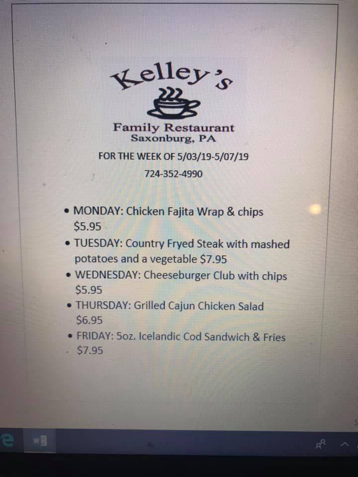 Menu at Kelley's Family Restaurant, Saxonburg, 130 W Main St