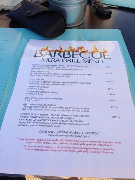 Menu at Mera Brasserie restaurant, Sopot