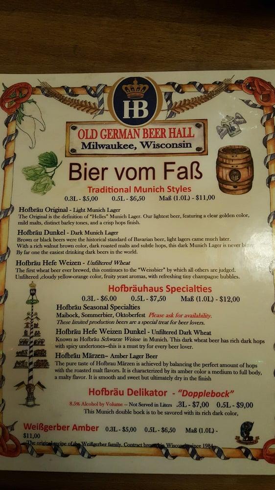 Menu at Old German Beer Hall pub & bar, Milwaukee