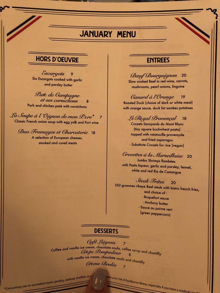 Menu at Once Upon A Time In France restaurant, Nashville