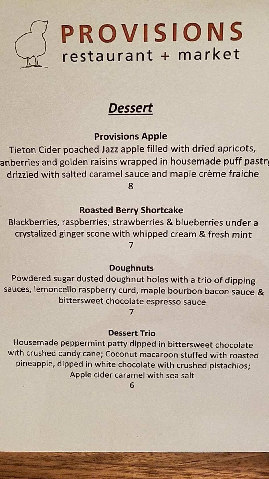 Menu at Provisions Restaurant and Market, Yakima