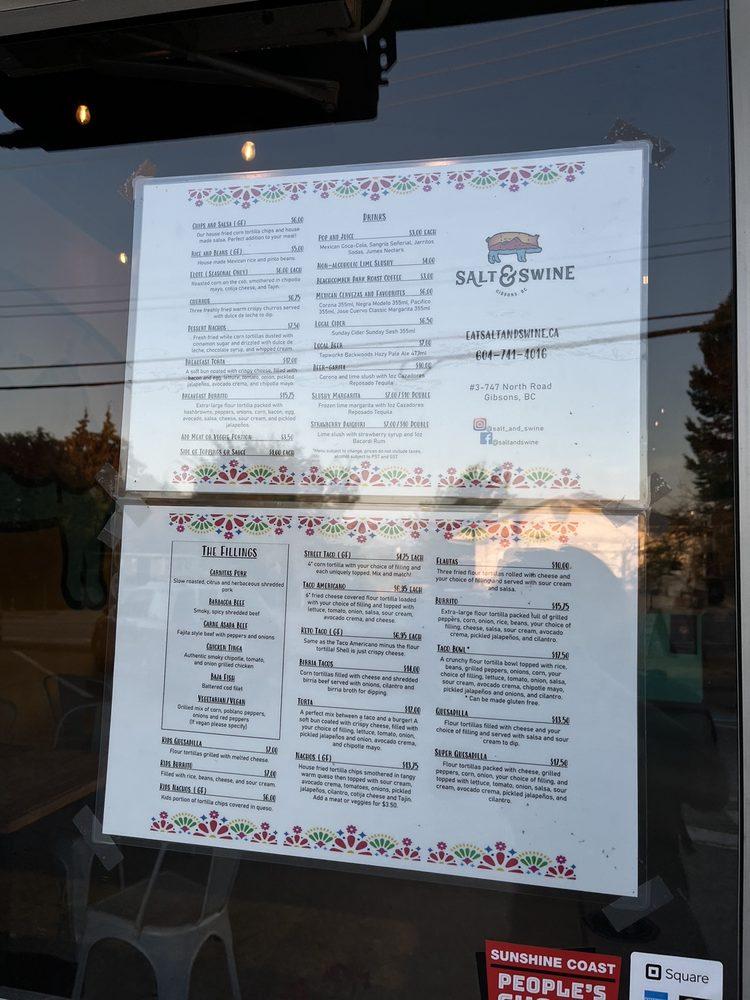 Menu at Salt & Swine restaurant, Gibsons