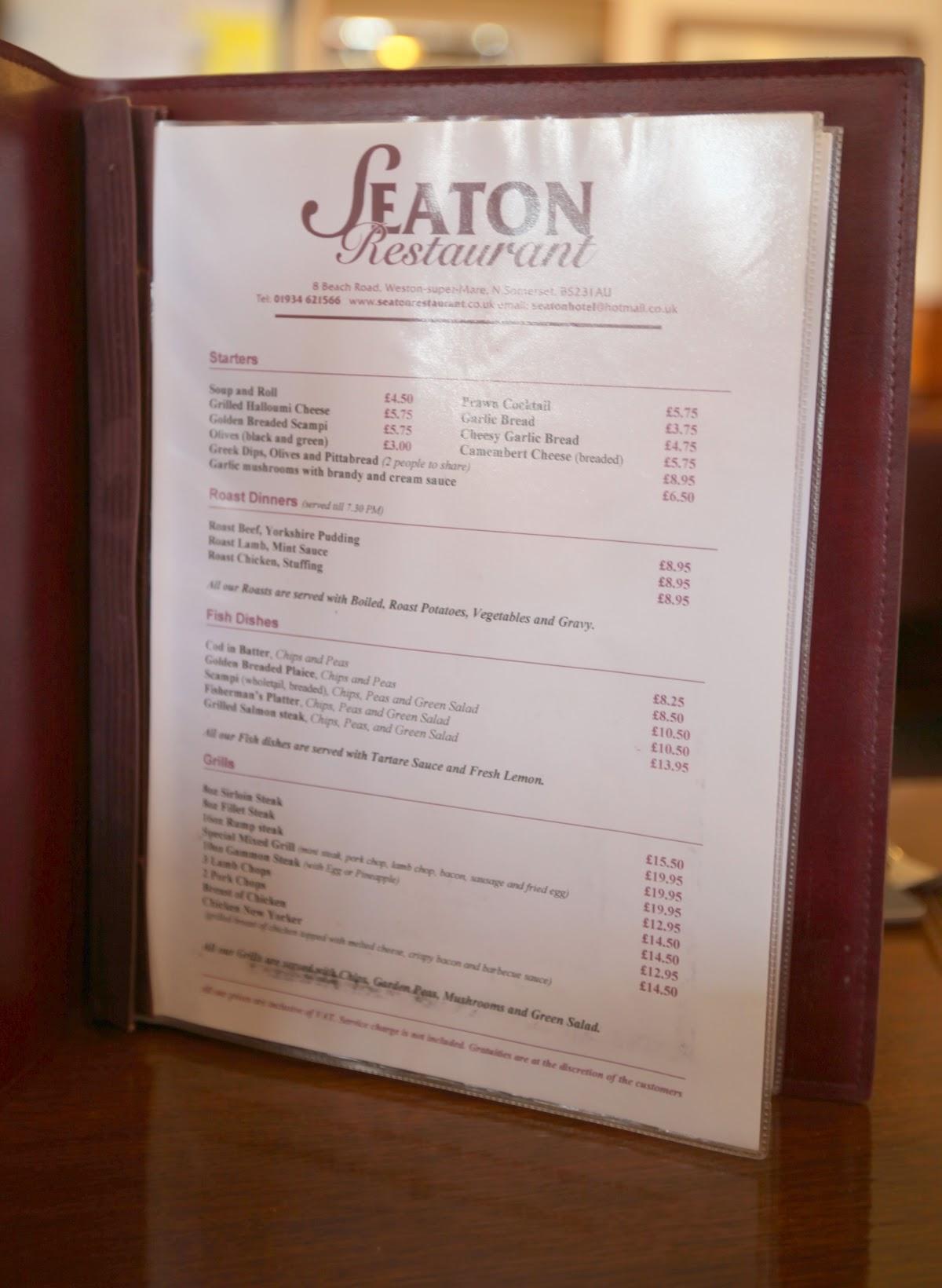 Menu at Seaton Hotel restaurant, Weston-super-Mare, 8 Beach Rd