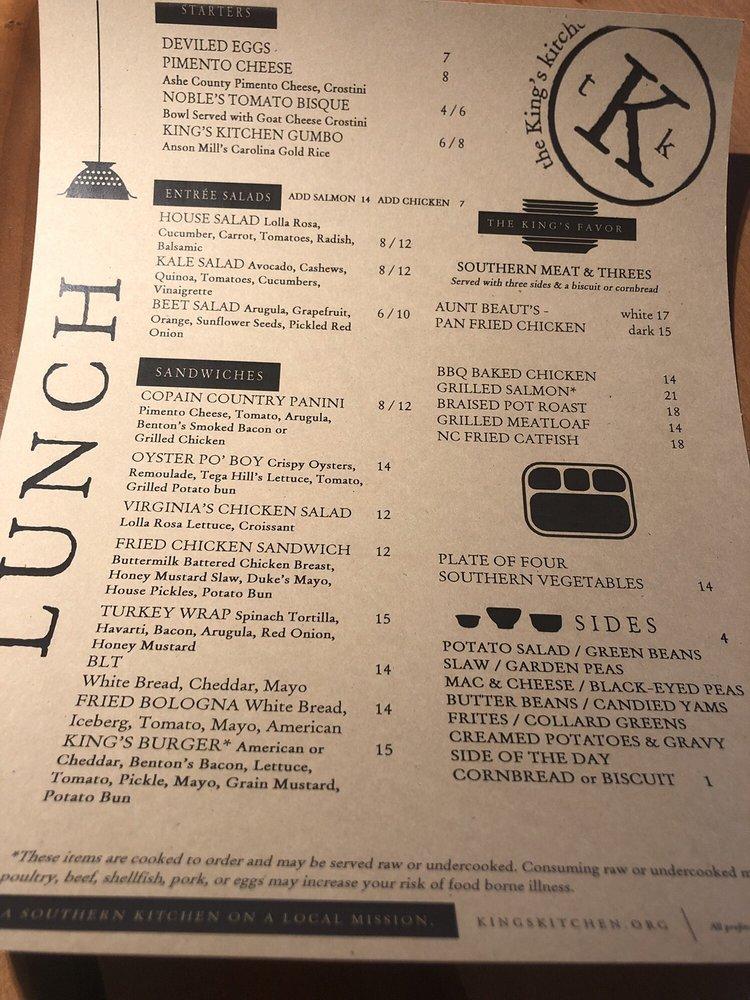Menu at The King's Kitchen restaurant, Charlotte