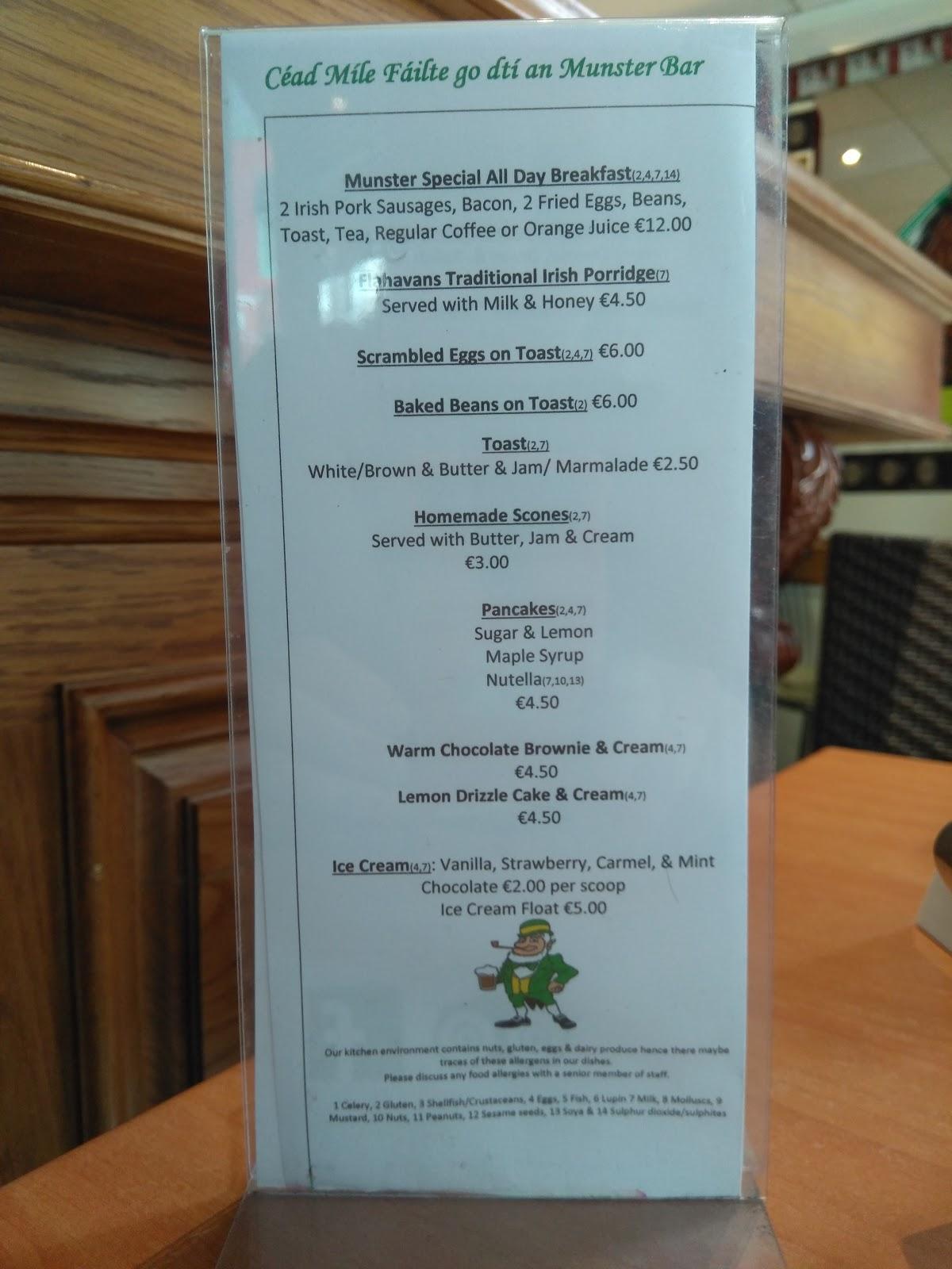 Menu au The Munster Bar, Lourdes