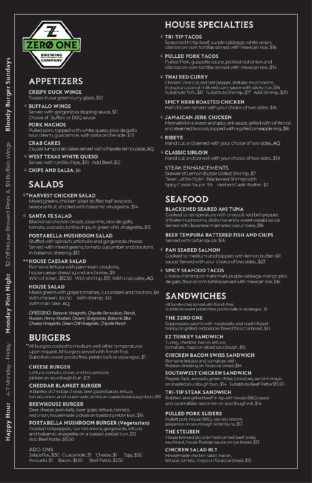 Menu at Zero One Brewing Company pub & bar, San Angelo