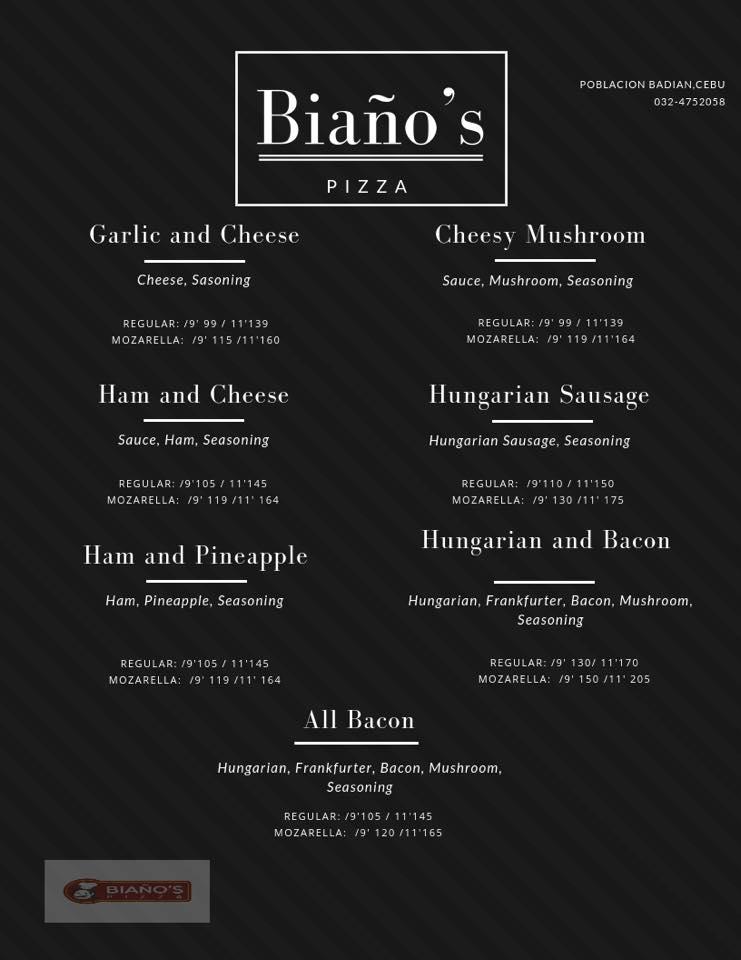 Menu at Biaño's Pizza restaurant, Badian