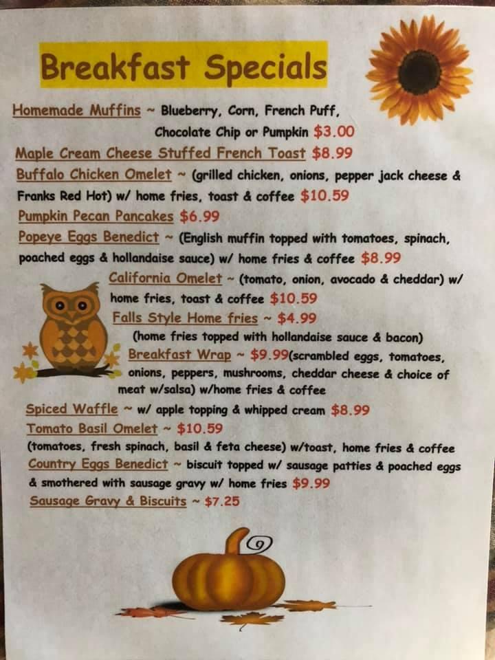 Menu at Fall's Diner restaurant, Hoosick Falls
