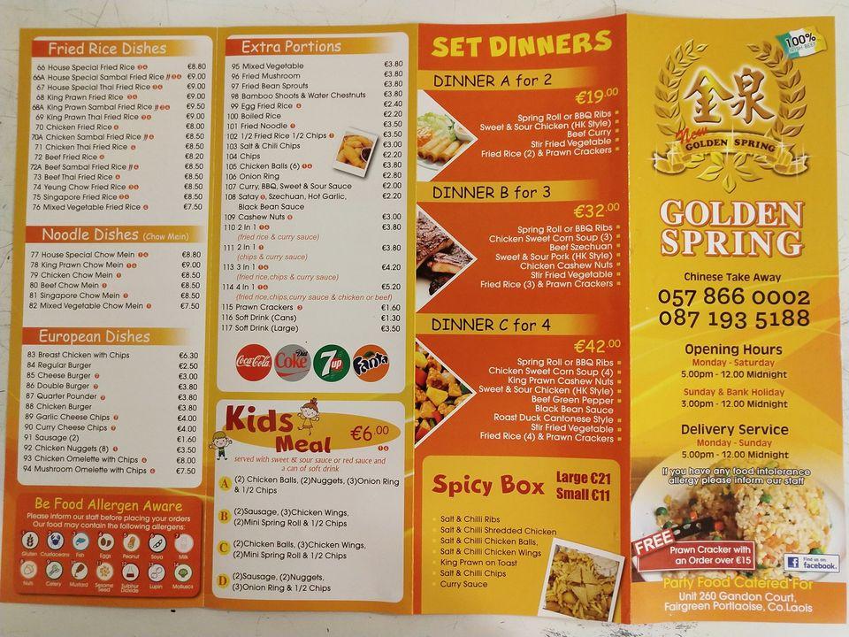Menu at Golden Spring Chinese Takeaway Portlaoise restaurant, Portlaoise