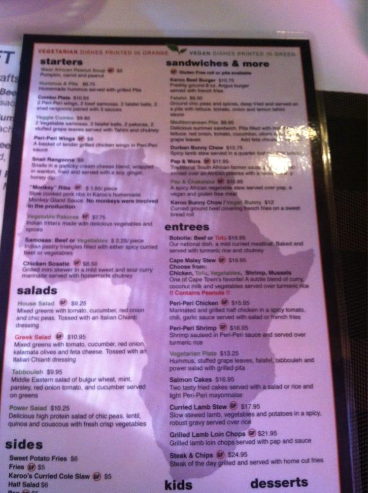 Menu at Karoo Restaurant, Eastham
